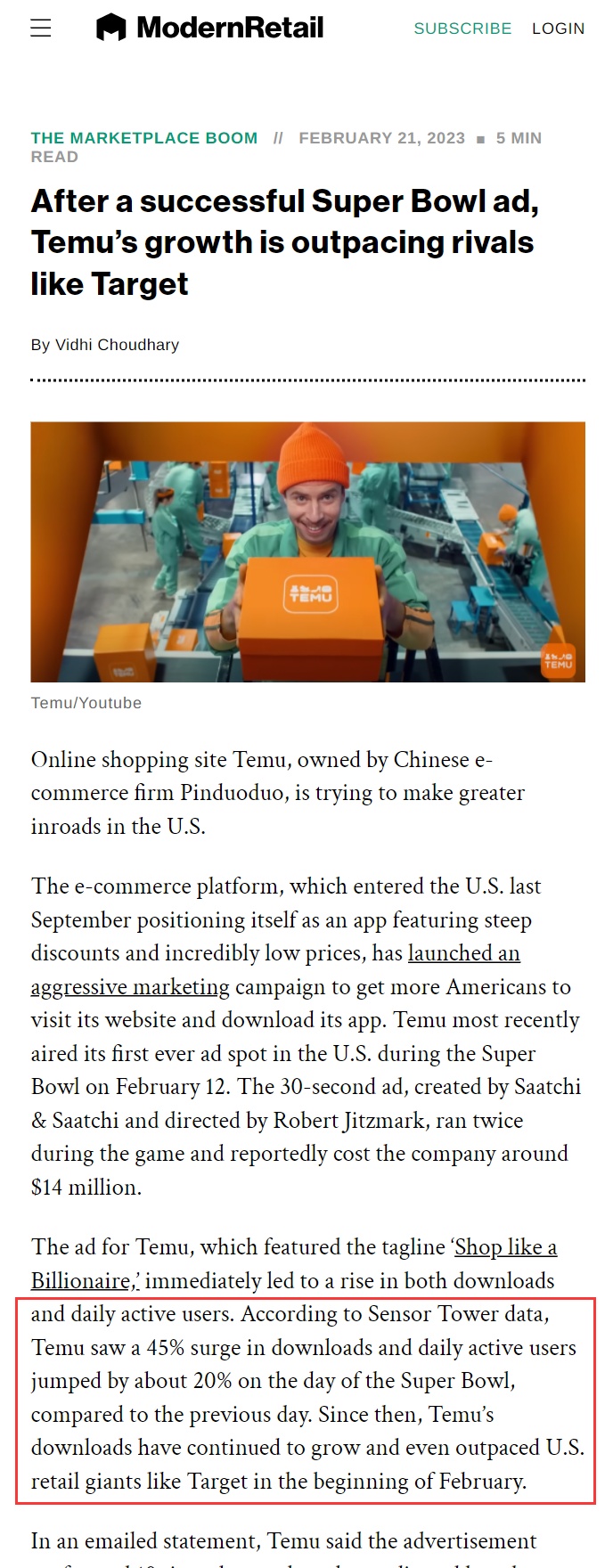 Temu亮相超级碗后流量暴涨 活跃用户已超Target | 零壹电商