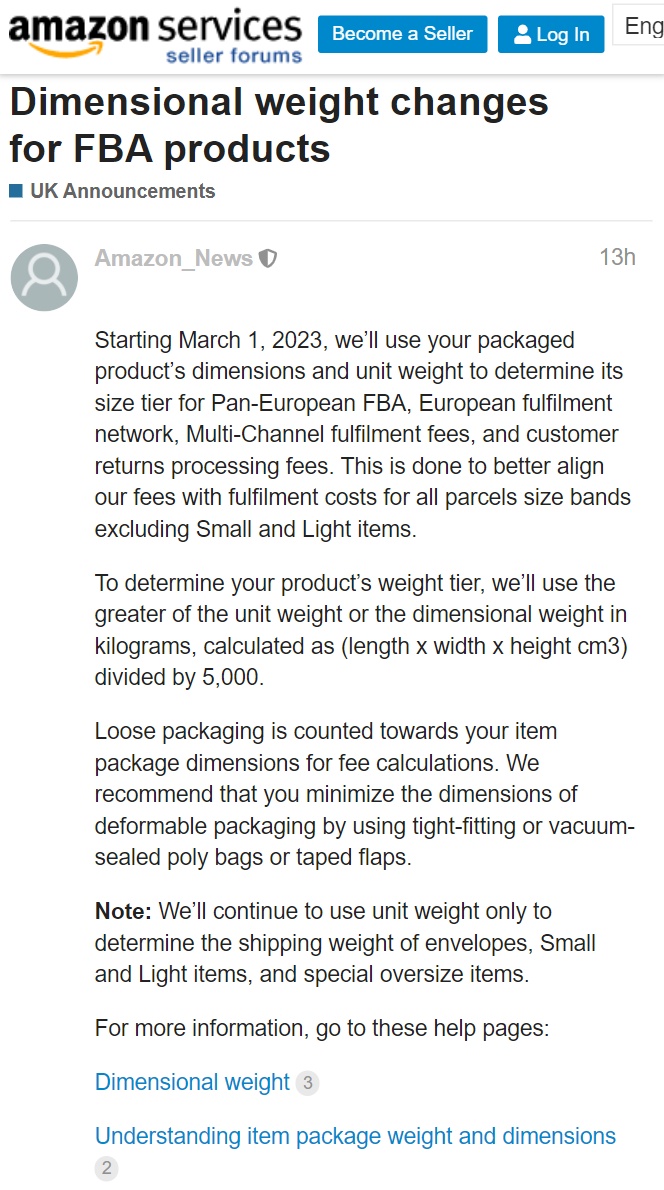 亚马逊欧洲站本月起更改FBA商品体积重量政策 | 零壹电商